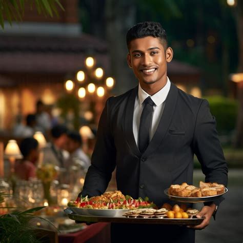 Premium Photo A Young Asian Waiter Provides An Outdoor Catering Service