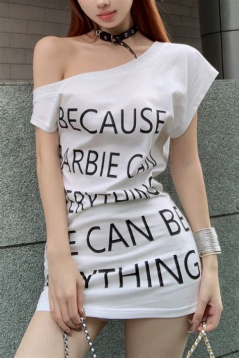 깔센 발렌틴 레터링 프린팅 원숄더 오프숄더 슬림 미니 원피스