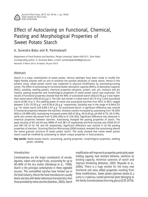 Pdf Effect Of Autoclaving On Functional Chemical Pasting And Morphological Properties Of