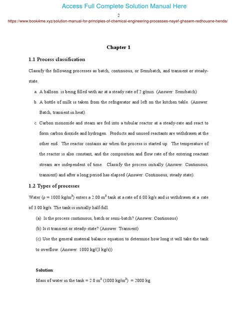 Sample Solution Manual For Principles Of Chemical Engineering