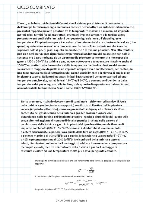 Ciclo Combinato Completa E Noto Sulla Base Dei Dettami Di Carnot Che Il Sistema Più