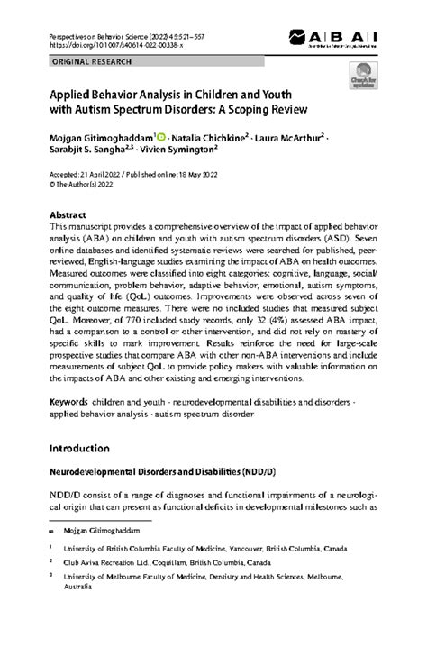 Applied Behavior Analysis Aba For Autism A Scoping Review 2022