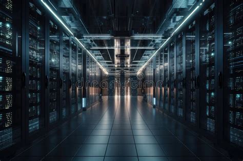 Data Center With Endless Rows Of Servers And Blinking Lights Stock Illustration Illustration
