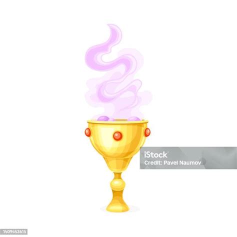 마법의 개체와 요술 아이템 벡터 일러스트 레이 션으로 보라색 물약의 거품과 골든 컵 개념에 대한 스톡 벡터 아트 및 기타 이미지 개념 그래픽 사용자 인터페이스 기포