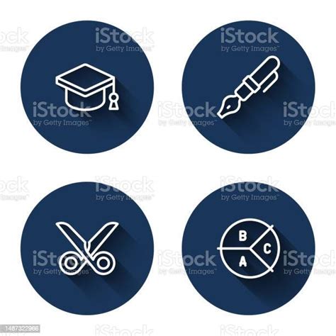 긴 그림자가 있는 선 눈금 모자 만년필 펜촉 가위 및 파이 차트 인포그래픽을 설정합니다 파란색 원 버튼입니다 벡터 가위에 대한