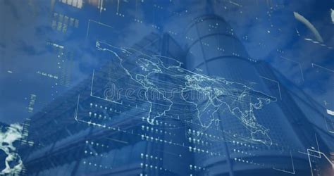 Image Of Interface With Data Processing Over World Map Against Low Angle View Of Tall Building