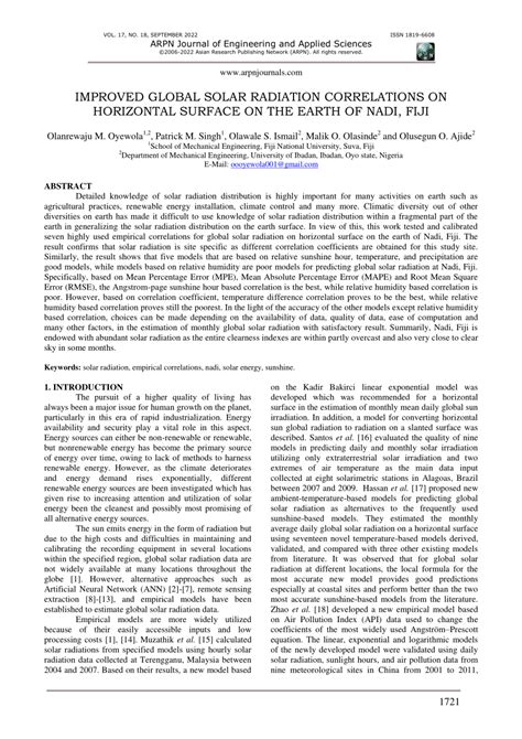 Pdf Improved Global Solar Radiation Correlations On Horizontal Surface On The Earth Of Nadi Fiji