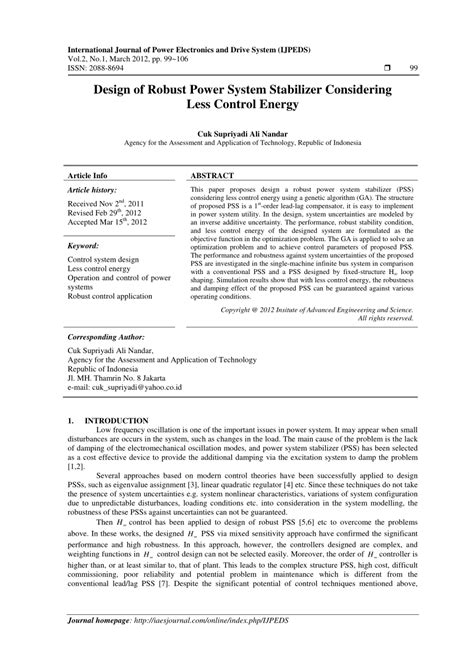 PDF Design Of Robust Power System Stabilizer Considering Less Control Energy