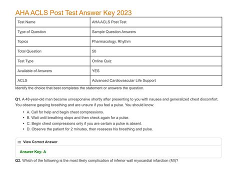 Solution Aha Acls Post Test Answer Key 2023 Latest Update Guaranteed