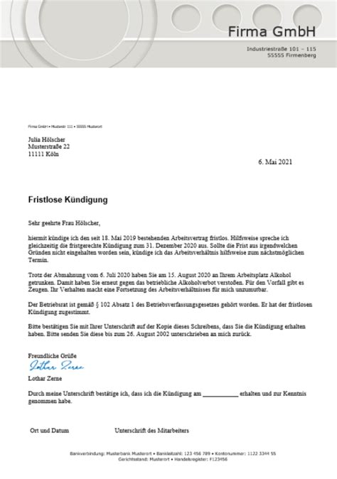 Fristlose Kündigung Arbeitgeber Vorlage Zum Download Tfrtnx