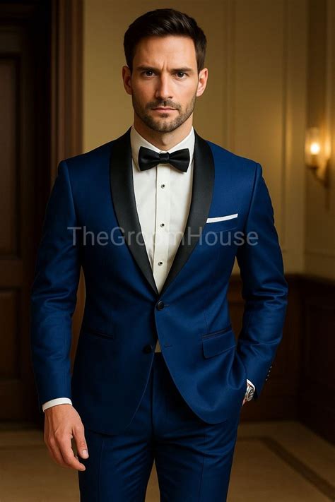 Mens Navy Blue Tuxedo Suit 2 Piece Black Shawl Lapel Wedding Suit