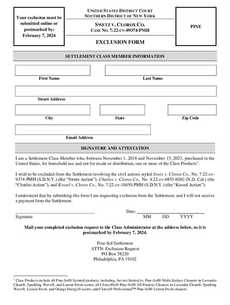 Fillable Online Exclusion From Pine Sol Settlement Fax Email Print Pdffiller