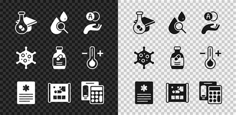 눈금 모자 드롭 및 돋보기 원자 환자 기록 엔지니어링용 그래프 용지 계산기 바이러스 및 약병 알약 아이콘을 설정합니다 벡터 0