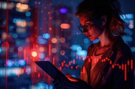 Focused Woman In Glasses Using Tablet With A Cityscape Background And Financial Data Overlay