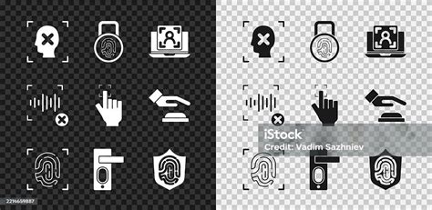 Set Rejection Face Recognition Fingerprint With Lock Laptop Door Shield Voice And Icon Vector