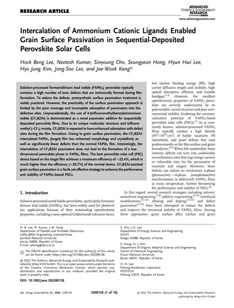 Pdf Intercalation Of Ammonium Cationic Ligands Enabled Grain Surface Passivation In Sequential