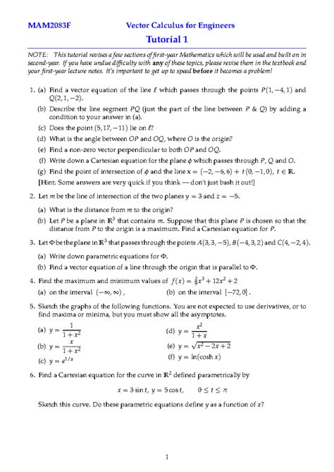 Tut01 2024 Tut 1 Mam2083f Vector Calculus For Engineers Tutorial 1