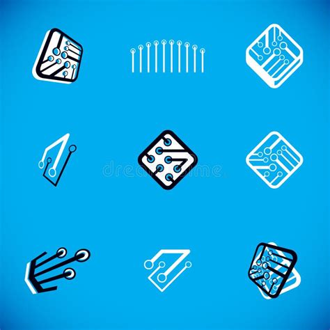 Set Of Microprocessor Scheme Abstract Logotypes Futuristic Cybernetic Vector Motherboard Stock