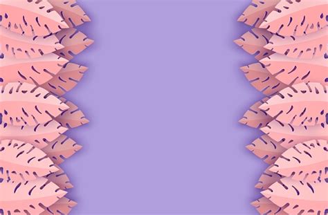 추상 종이 컷 핑크 잎 수직 테두리 배너 디자인 파티 초대 벡터 꽃 템플릿입니다 정글 단풍 그림입니다 보라색 배경에 열대 종이 손바닥 잎 0명에 대한 스톡 벡터 아트 및