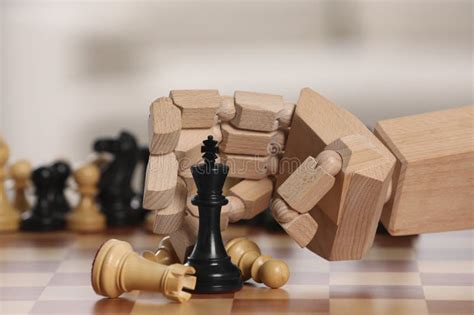 Robot Playing Chess Closeup Wooden Hand Representing Artificial