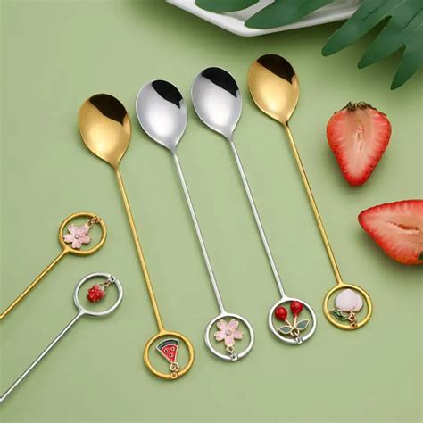 1pc 커피 스푼 304 스테인레스 스틸 가정용 귀여운 과일 장식품 숟가락 수박 체리 스푼 선물 식기 장식 커피 숟가락