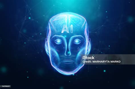 블루 홀로그램 로봇 머리 파란색 배경에 인공 지능 개념 신경망 자동 조종 장치 Robotization 산업 혁명 40 3d 그림 3d 렌더링 3차원 형태에 대한 스톡 사진