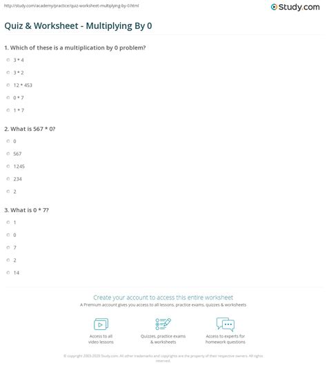 Quiz Worksheet Multiplying By 0 Study Com