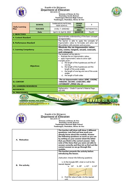 Dlp Math9 W1 4thquarter[1] Pdf Trigonometric Functions Trigonometry