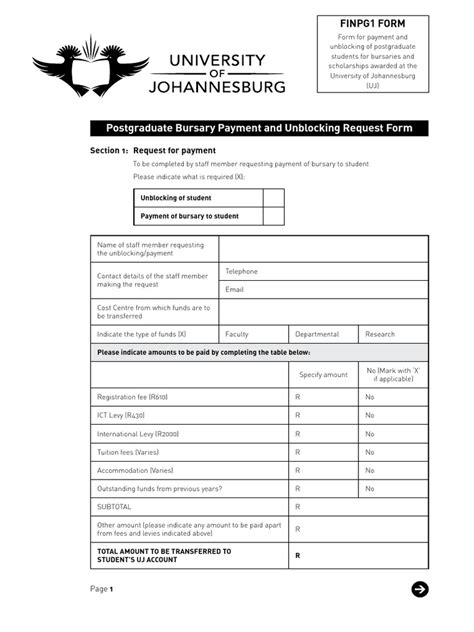 Uj Finpg1 Unblocking Bursaries Form Pdf Postgraduate Education Banks