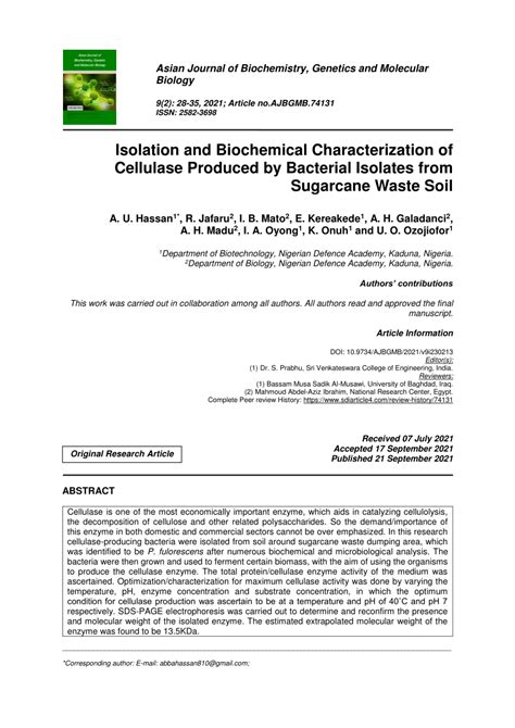 Pdf Isolation And Biochemical Characterization Of Cellulase Produced
