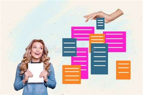 Composite Photo Collage Of Happy Blonde Businesswoman Hold Ereader Colorful Documentation