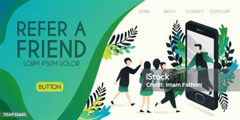 친구를 참조 하십시오 벡터 일러스트 레이 션 개념 스마트 폰 화면에서 나오는 사람이 친구 단어를 참조로 사람들의 손을 잡고 있다
