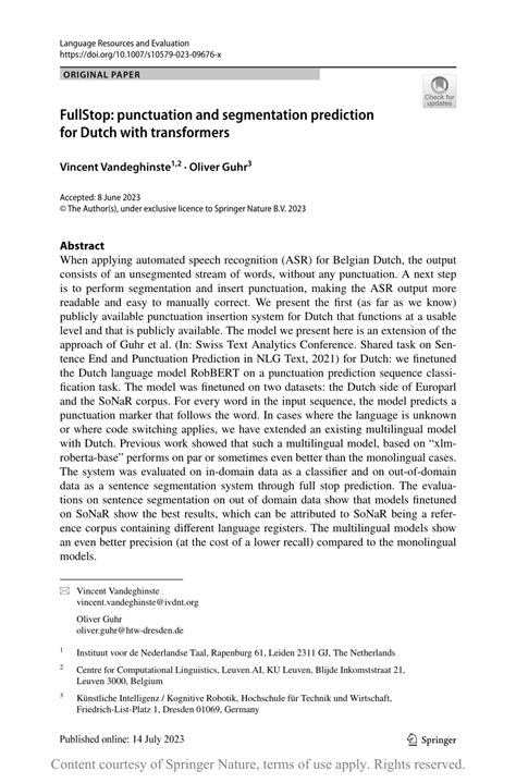 FullStop Punctuation And Segmentation Prediction For Dutch With Transformers