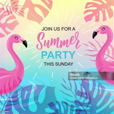 열 대 잎이 있는 귀여운 핑크 플라밍고 손 글자 텍스트입니다 여름 파티 초대장입니다 0명에 대한 스톡 벡터 아트 및 기타 이미지