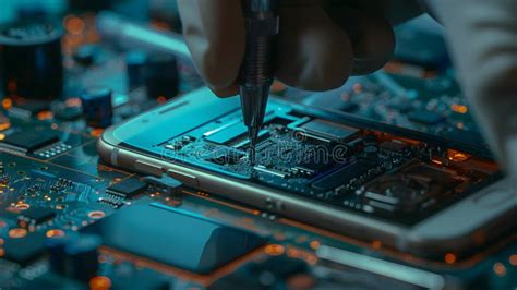 The Abstract Image Of The Technician Assembling Inside Of Smartphone By Screwdriver In The Lab