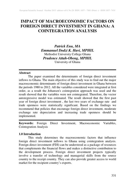 Pdf Impact Of Macroeconomic Factors On Foreign Direct Investment In Ghana A Cointegration