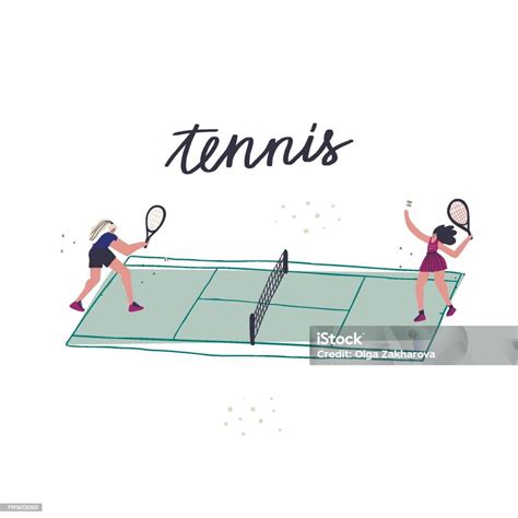 여자 테니스 토너먼트 손으로 그린 벡터 일러스트 라켓 시작 점을 가진 소녀 서브 샷 코트에서 테니스를 치는 여성 플랫 캐릭터 라켓 스포츠 게임 프로 트레이닝 아이에 대한