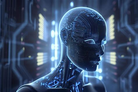 Double Exposure Image Of Virtual Human 3dillustration On Blue Circuit Board Background Represent
