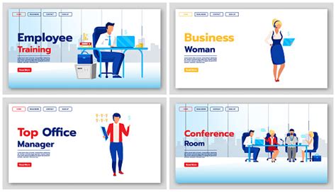 기업 라이프 스타일 방문 페이지 벡터 템플릿 집합입니다 평면 그림비즈니스 웹 사이트 인터페이스 아이디어 직원 교육 홈페이지 레이아웃입니다 오피스 매니저 웹 배너 웹 페이지