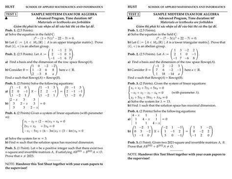 Sample midterm exam đề thi mẫu của thầy Huy HUST SCHOOL OF APPLIED MATHEMATICS AND