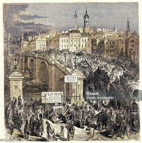 1870년대 빅토리아 시대의 뉴 런던 브리지를 건너는 사람들과 교통의 군중 귀스타브 도레에 대한 스톡 벡터 아트 및 기타 이미지 귀스타브 도레 런던 브리지 영국