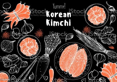 김치 요리와 김치를위한 재료 스케치 일러스트레이션 한국 요리 프레임 건강한 음식 디자인 요소 손으로 그린 패키지 디자인 아시아 음식 건강한 생활방식에 대한 스톡 벡터 아트
