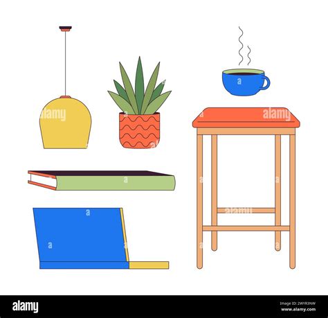 Home Workplace Interior Details 2d Linear Cartoon Objects Set Stock Vector Image And Art Alamy