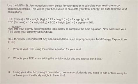 Use The Mifflin St Jeor Equation Shown Below For Chegg