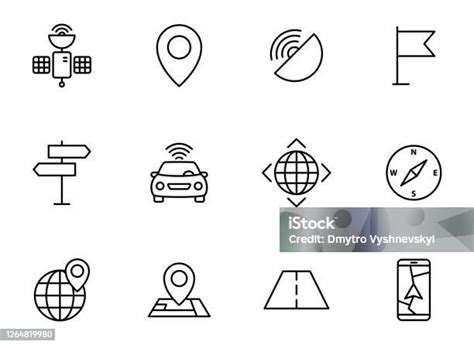흰색 배경에서 격리된 선형 벡터 아이콘을 탐색하고 매핑합니다 웹 디자인 Ui 모바일 앱 및 인쇄를 위한 탐색 아이콘 세트 내비게이션에 대한 스톡 벡터 아트 및 기타 이미지
