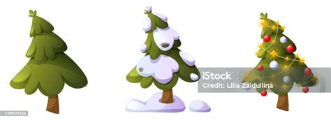 흰색 배경에 세 가지 다른 관점에서 크리스마스 트리의 벡터 그림입니다 녹색 숲 나무입니다 겨울 눈 덮인 나무 눈 더미 공과 화환으로 장식 된 크리스마스 트리 0명에 대한