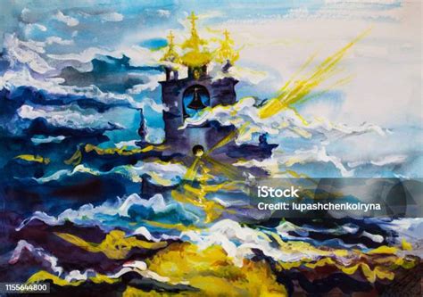 세련 된 그림은 현대 미술품 인상파 내 원래 회화 수채화 종이 초현실적 인 수평 풍경 상승 태양과 구름 하늘에 걸쳐 바람에 의해