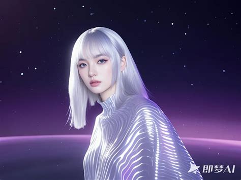 发光赛博，，。银色长发，轮廓光，模糊透明皮肤外壳，透气细腻的妆面，全息发光波纹虚拟服装，动态构图，轮廓光，干净深紫色渐变背景，超现实未来主义银色调，大景深， 2 花瓣网