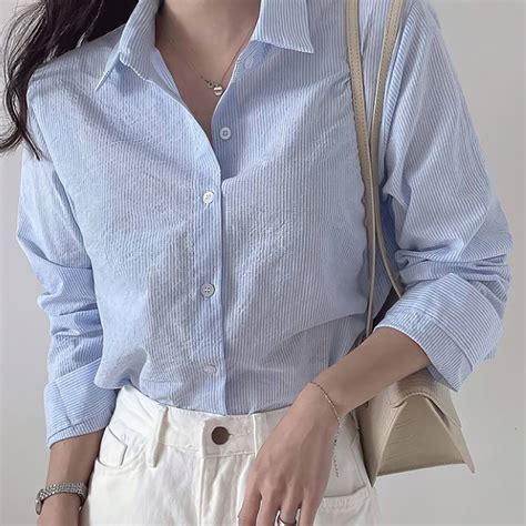 스트라이프 버튼 프런트 셔츠 캐주얼 롱슬리브 셔츠 봄 And 여름 여성 의류 In 2024 Casual Long