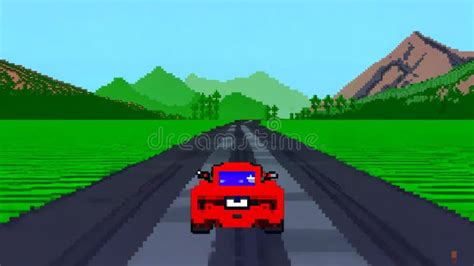 Retro Arcade Styled Pixel Car Driving To Horizon With Green Grass And Blue Sky 80s Styled